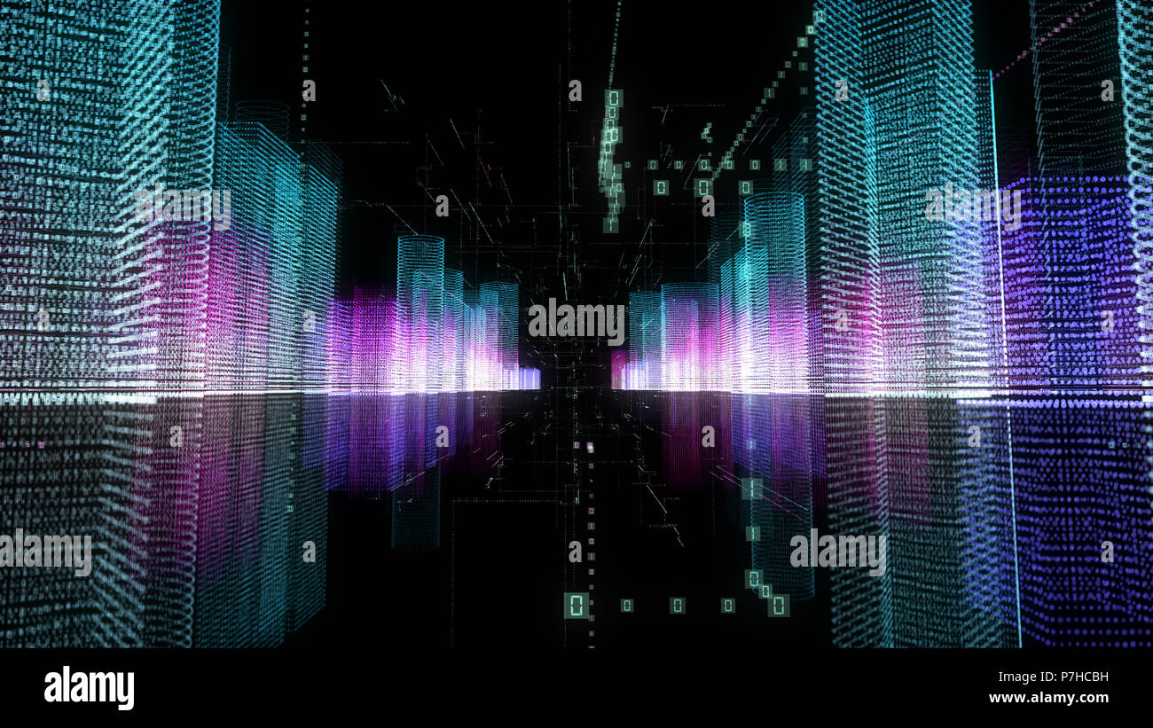 Abstract digital hologram 3D illustration of city with futuristic ...