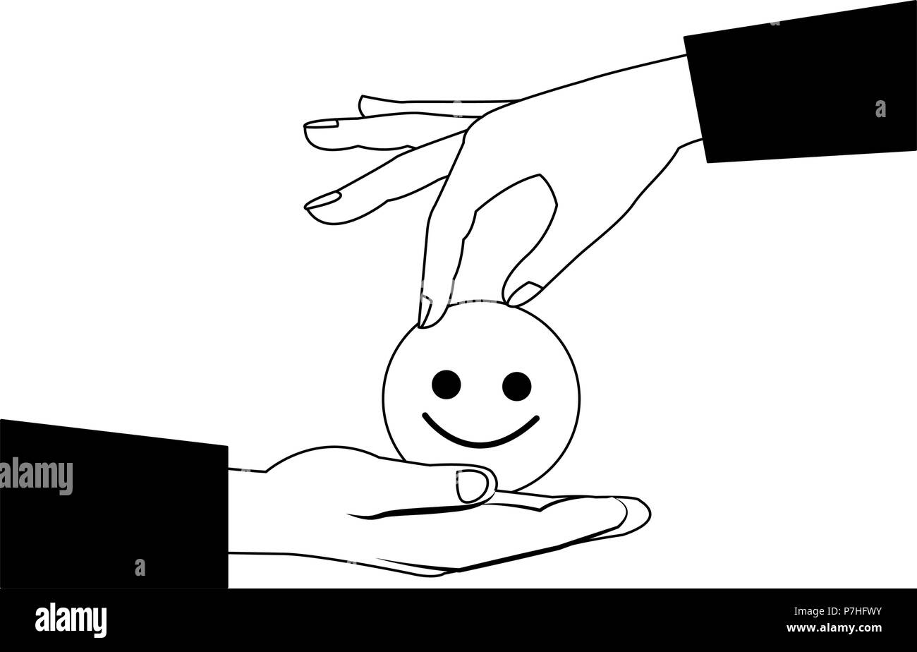 Hand passing smile emoticon to other hand vector illustration graphic ...
