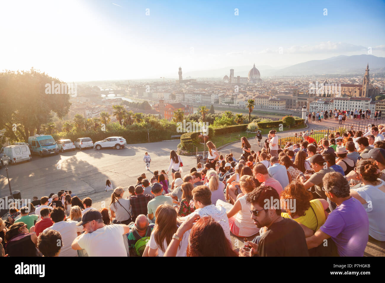 FLORENCE, ITALY - JUN 1, 2018: Tourists gather at Piazzale Michelangelo ...