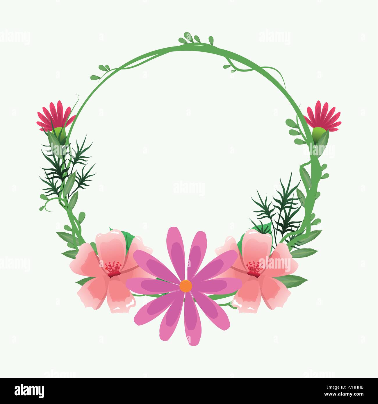 Decorative round frame pink flowers with leaves vector illustration ...