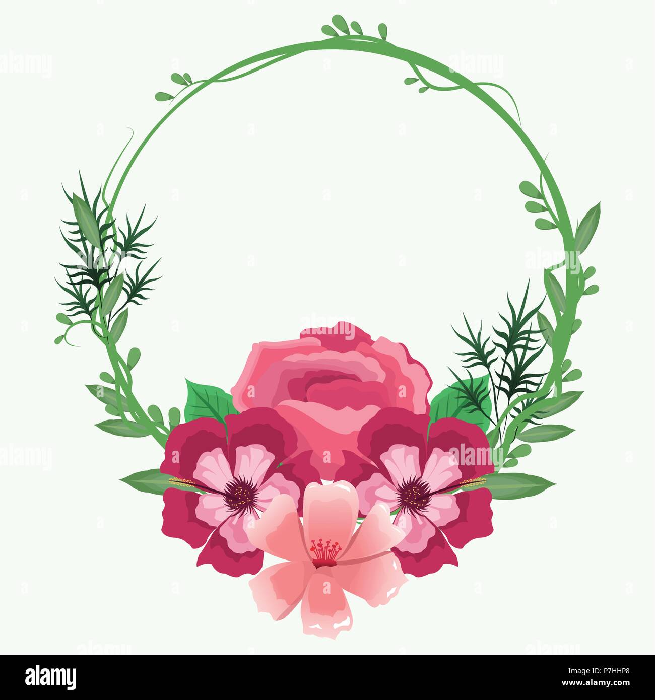 Decorative round frame pink flowers with leaves vector illustration ...