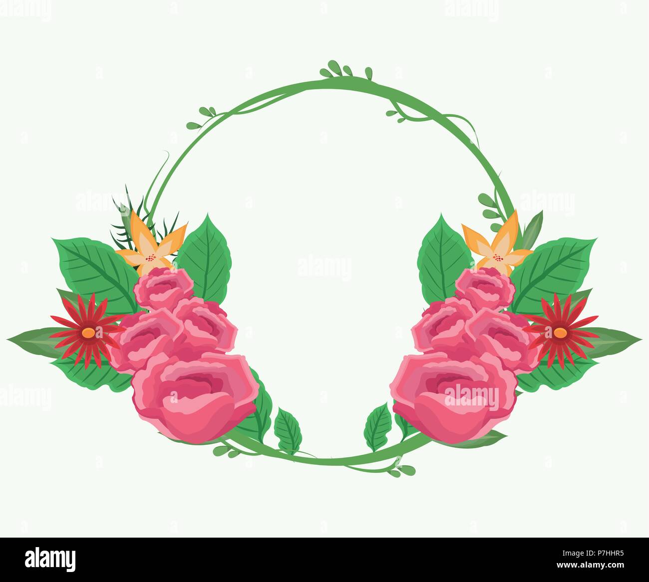 Decorative round frame pink flowers with leaves vector illustration ...