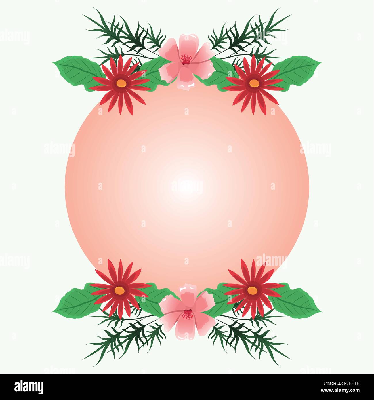 Decorative round frame pink flowers with leaves vector illustration ...