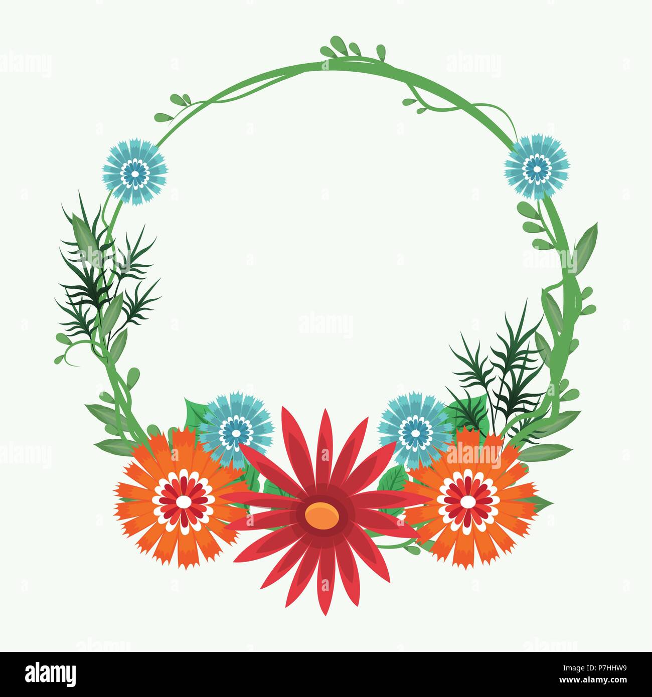 Decorative round frame pink flowers with leaves vector illustration ...