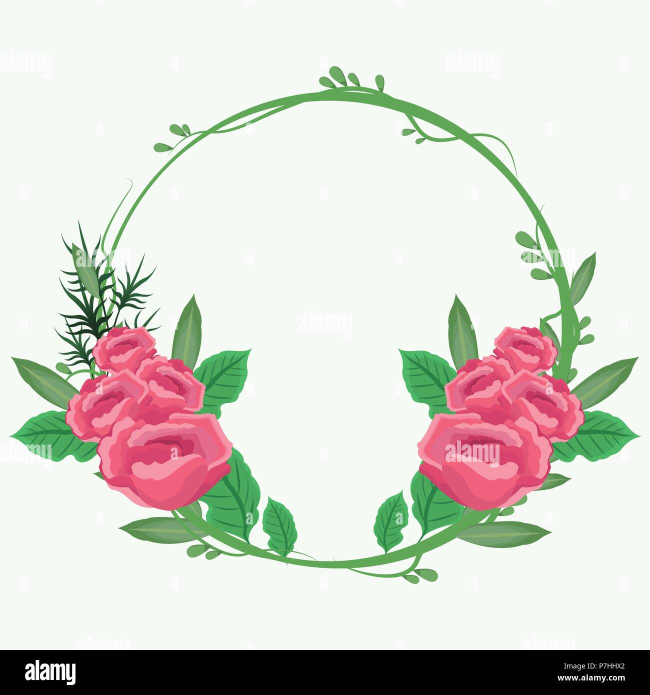 Decorative round frame pink flowers with leaves vector illustration ...