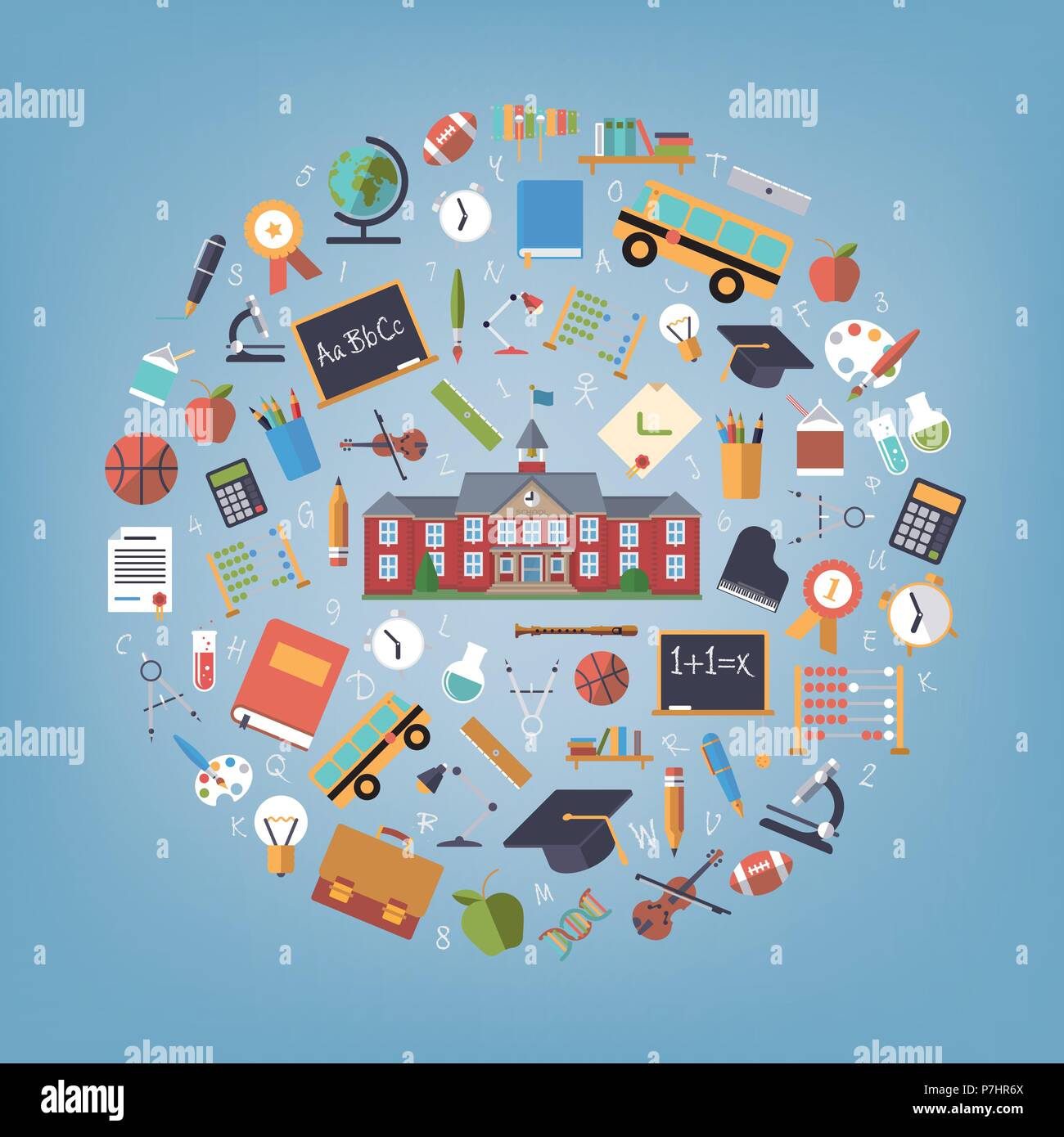 The world of education. School related flat design symbols arranged in ...