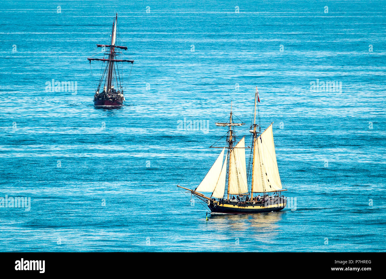 Two tall ships, the Atyla and HMS Pickles, sail into Whitby harbour ...