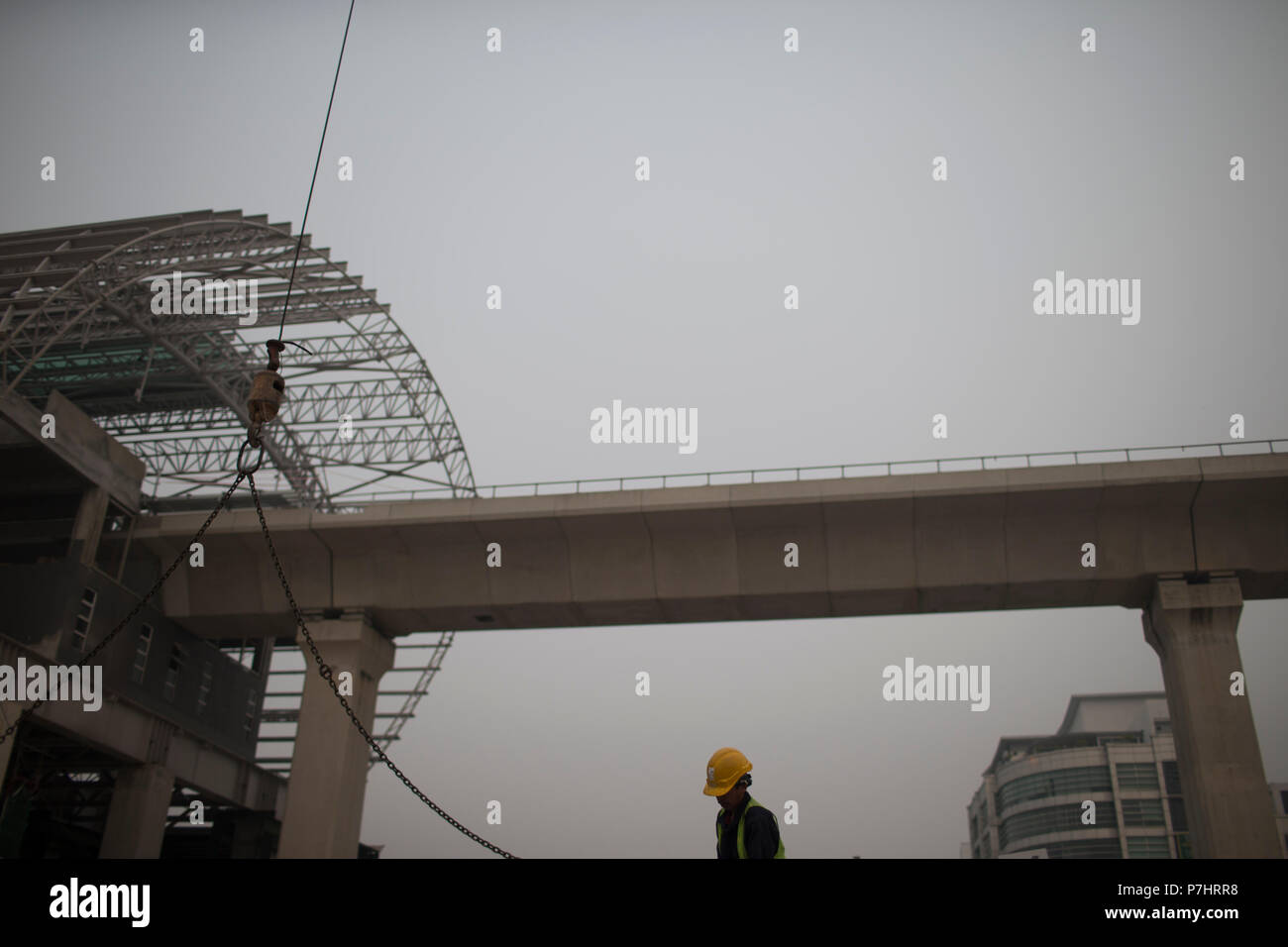 Construction work on the new elevated train system around Malaysia's ...