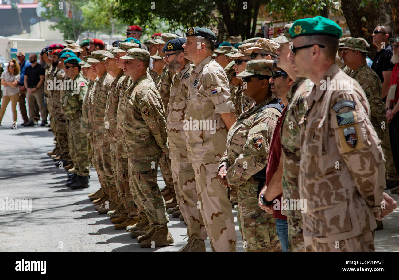 KABUL, Afghanistan (July 4, 2018) – U.S. and coalition personnel gather ...