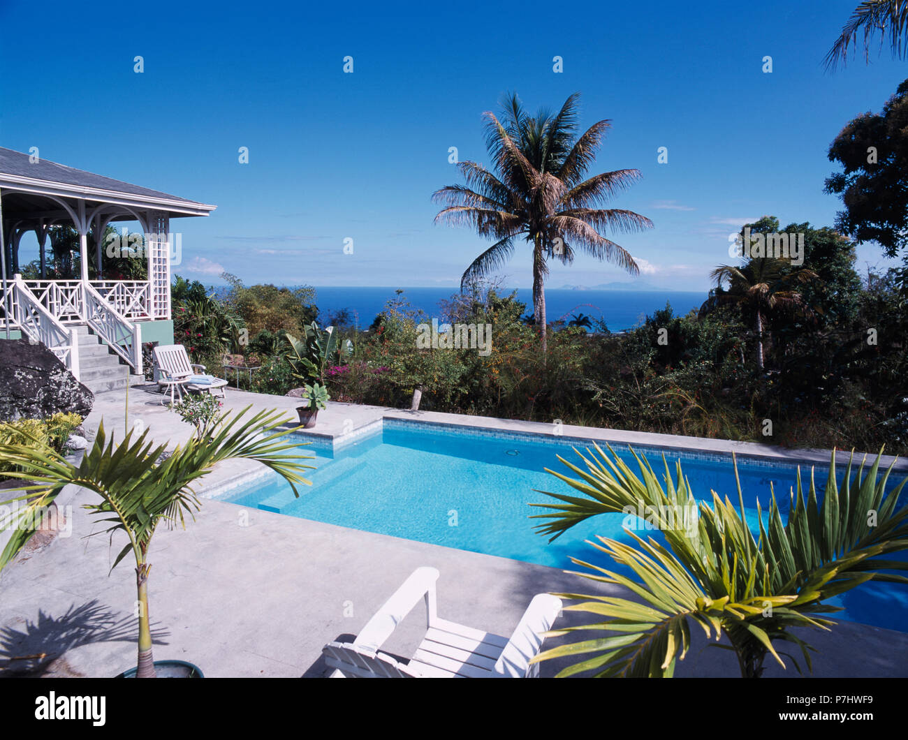 Swimming pool of Caribbean house with view of the ocean Stock Photo - Alamy