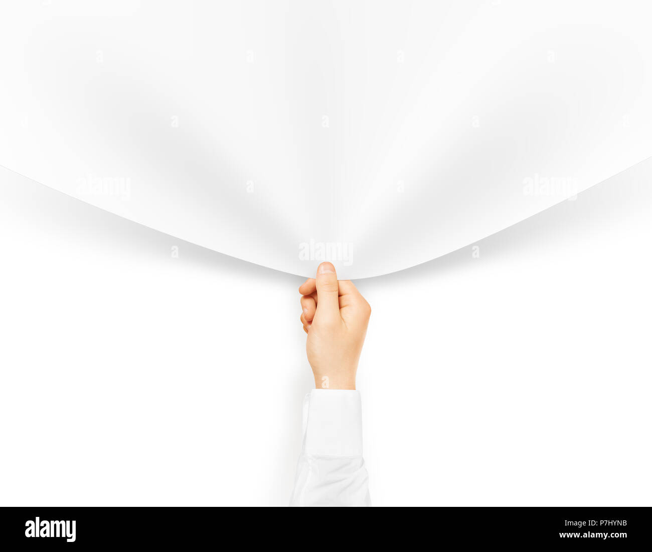 Hand holding blank banner corner. Clear cloth pulling out. Empty space ...