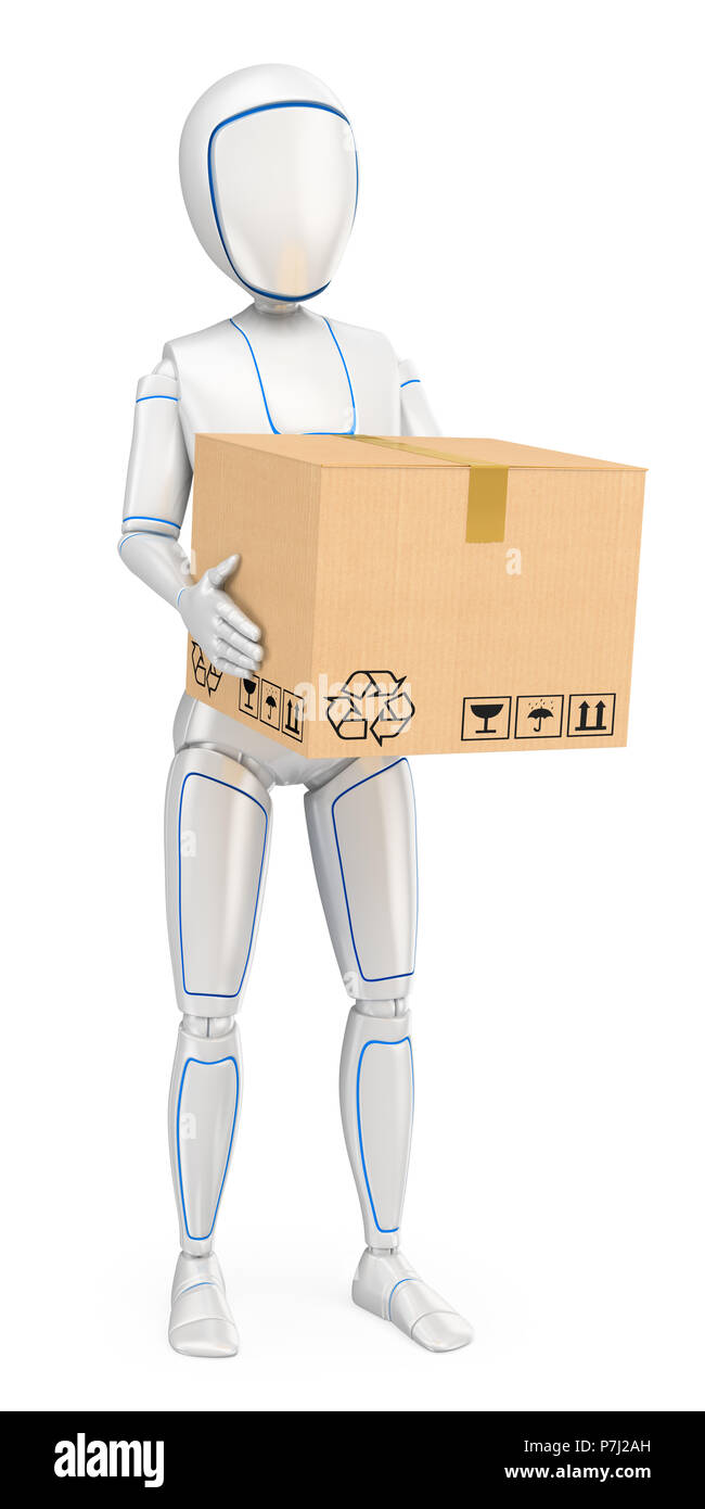 3d futuristic android illustration. Humanoid robot delivering a package ...