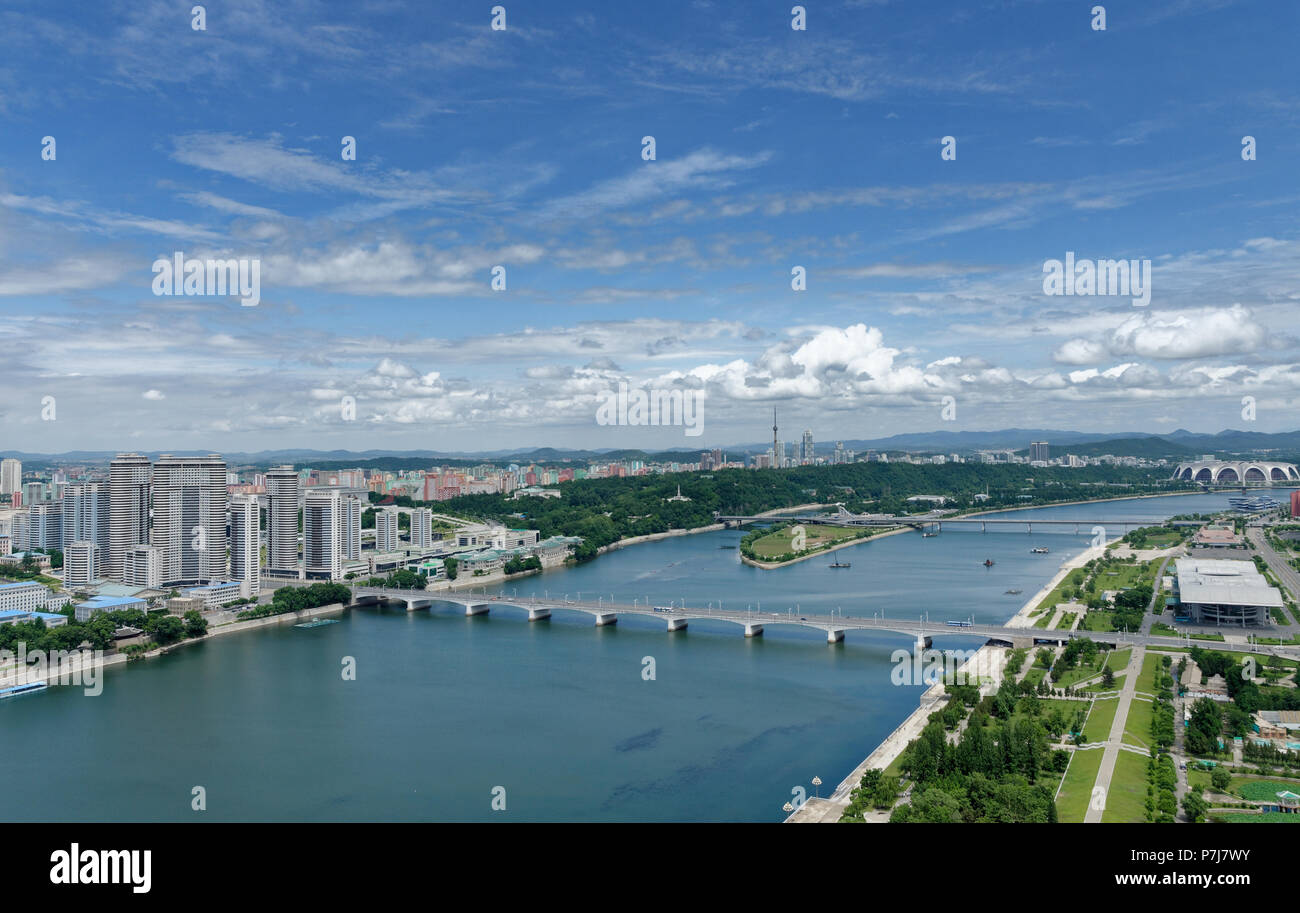 View of Pyongyang, Taedong Bridge, Rungrado Stadium and the Taedong ...