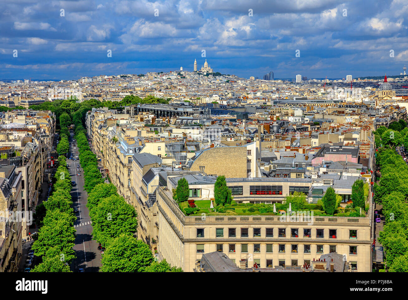 Paris skyline aerial view panorama from top of Arc de Triomphe. Distant ...