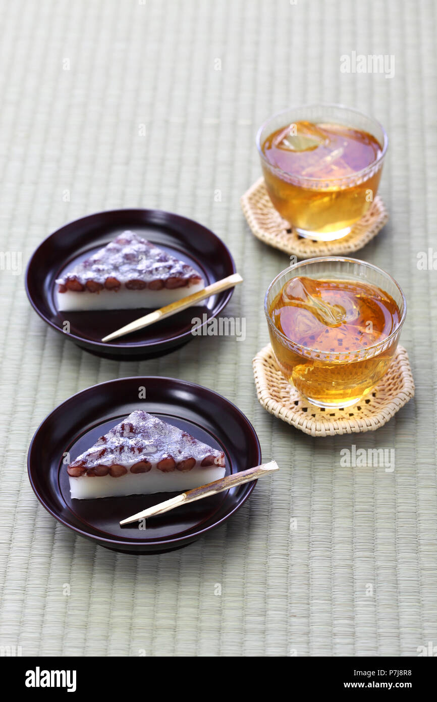 japanese traditional sweet dessert served with barley tea, wagashi and ...