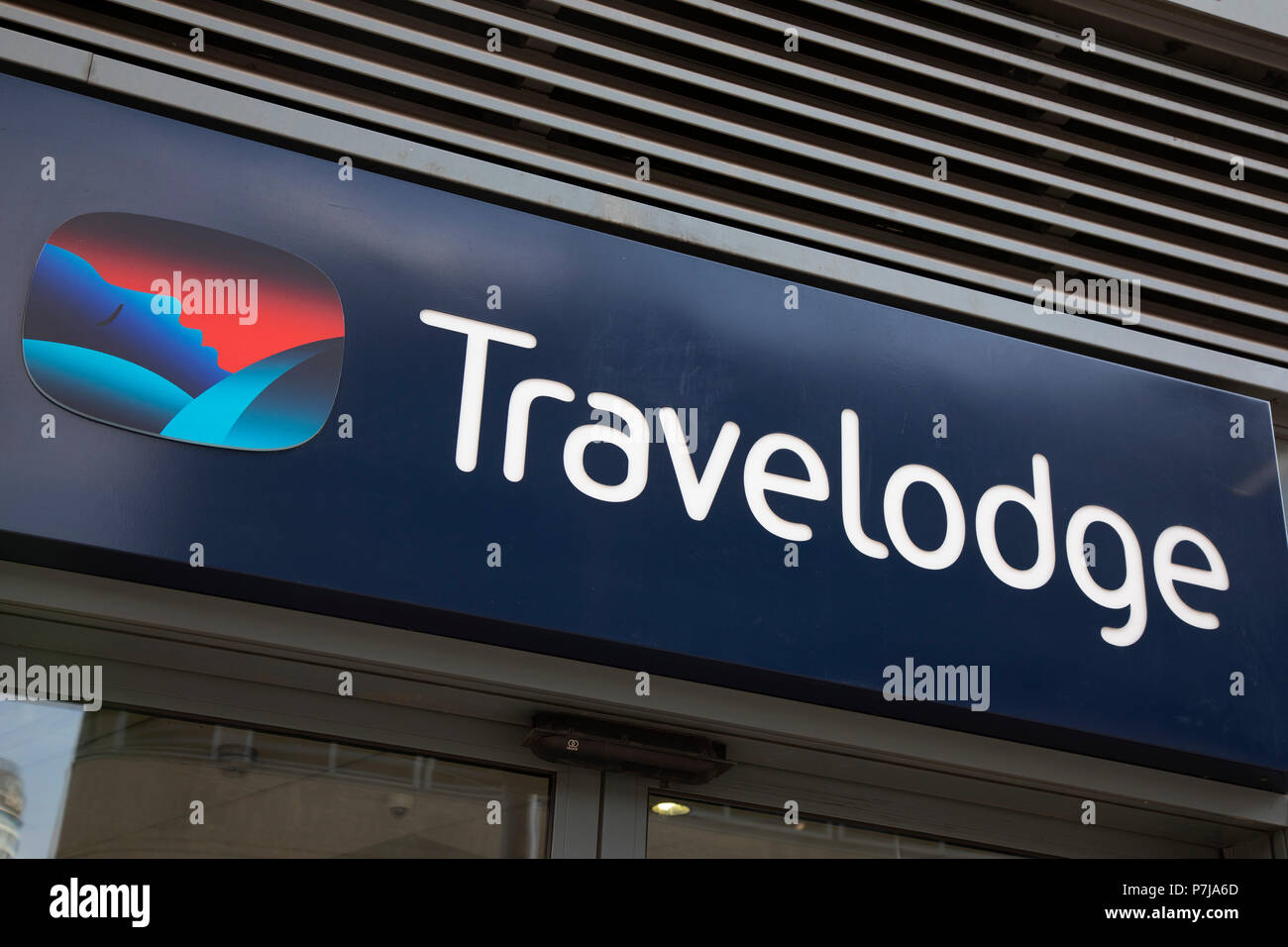 Sign for the hotel brand Travelodge in Birmingham, United Kingdom Stock ...