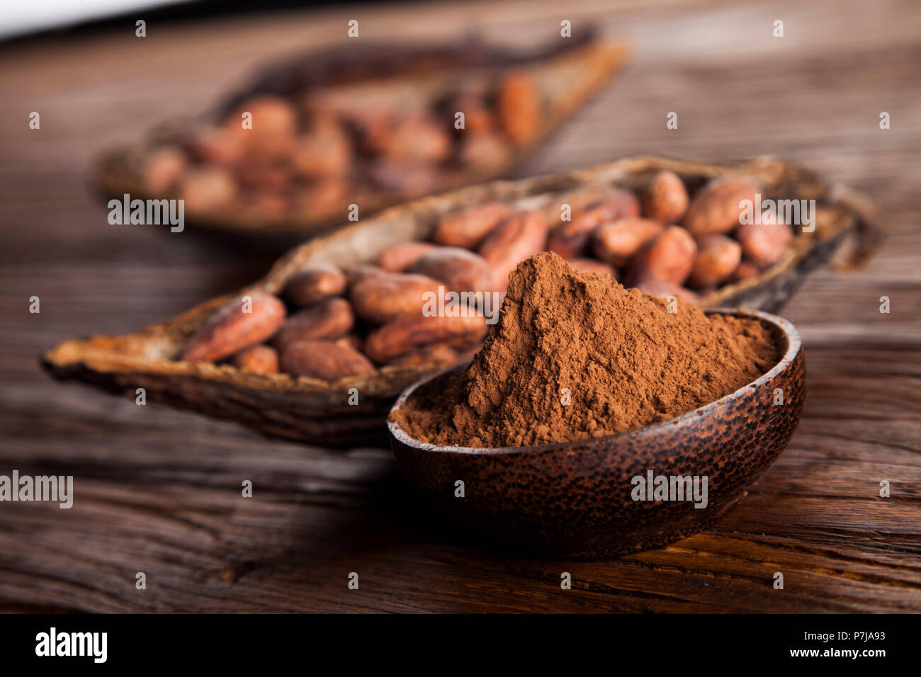 Cocoa beans in the dry cocoa pod fruit on wooden background Stock Photo ...