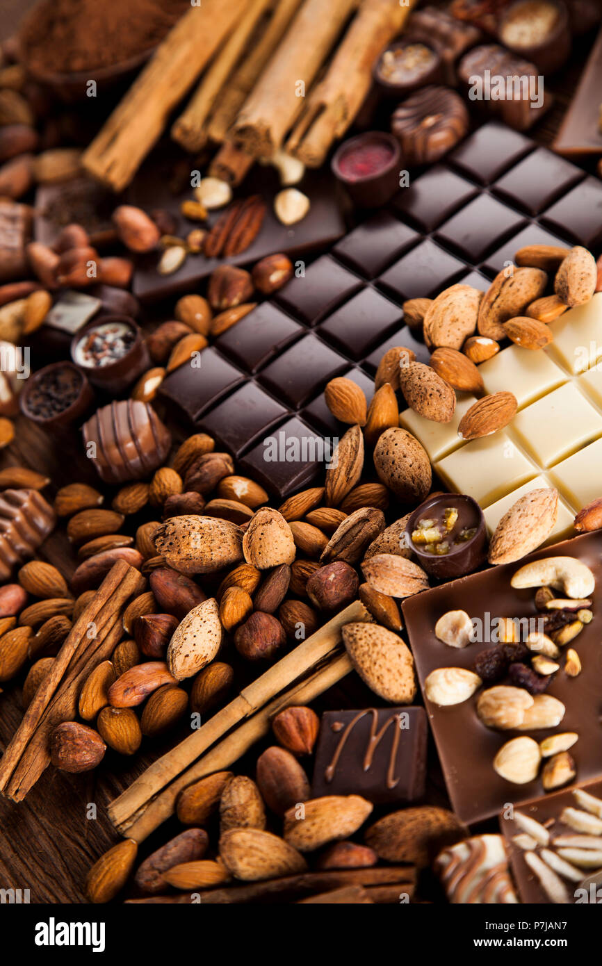 Chocolate sweet, cocoa pod and food dessert background Stock Photo - Alamy