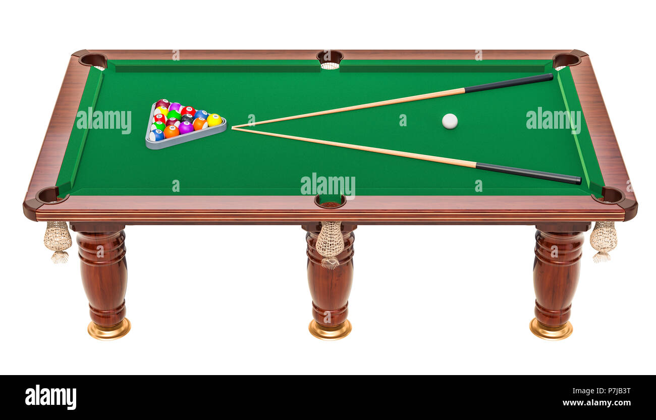 Billiard table with balls and cue, 3D rendering isolated on white ...