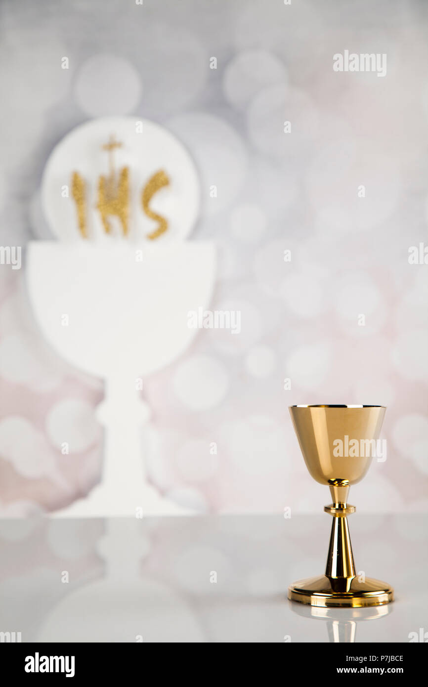 Holy communion a golden chalice, composition isolated on white Stock ...