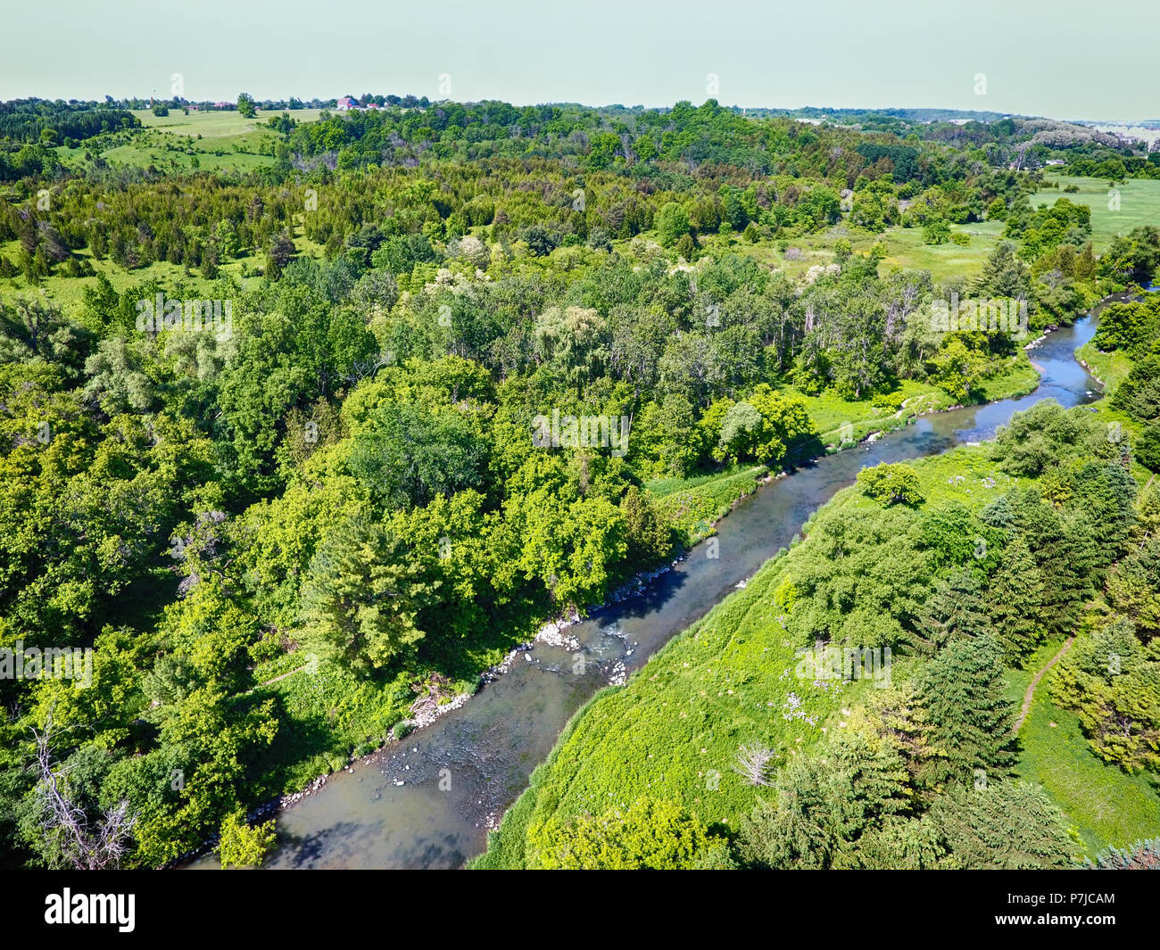 Aerial view of river through rural landscape, Ontario, Canada Stock ...
