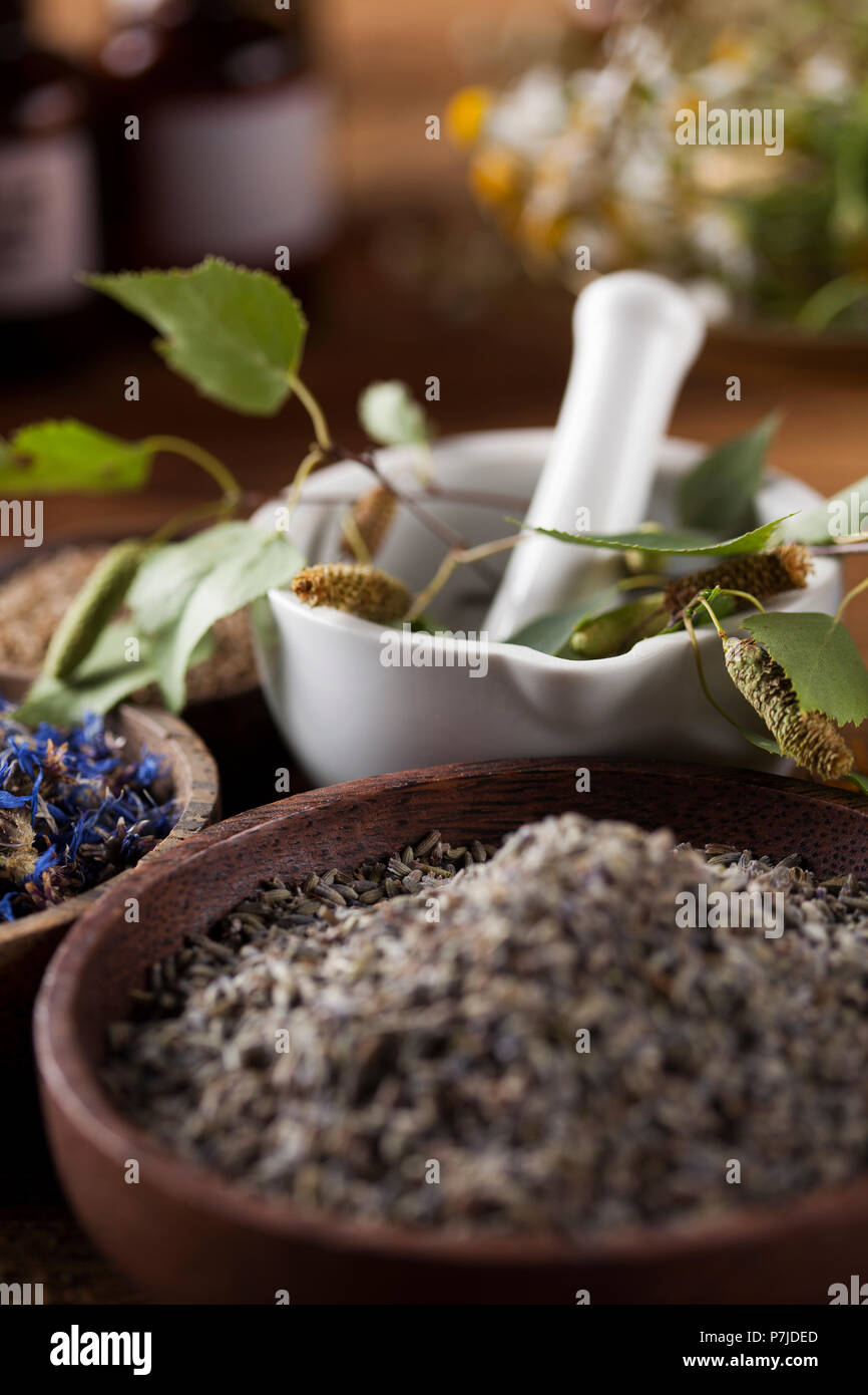 Fresh medicinal, healing herbs on wooden Stock Photo - Alamy