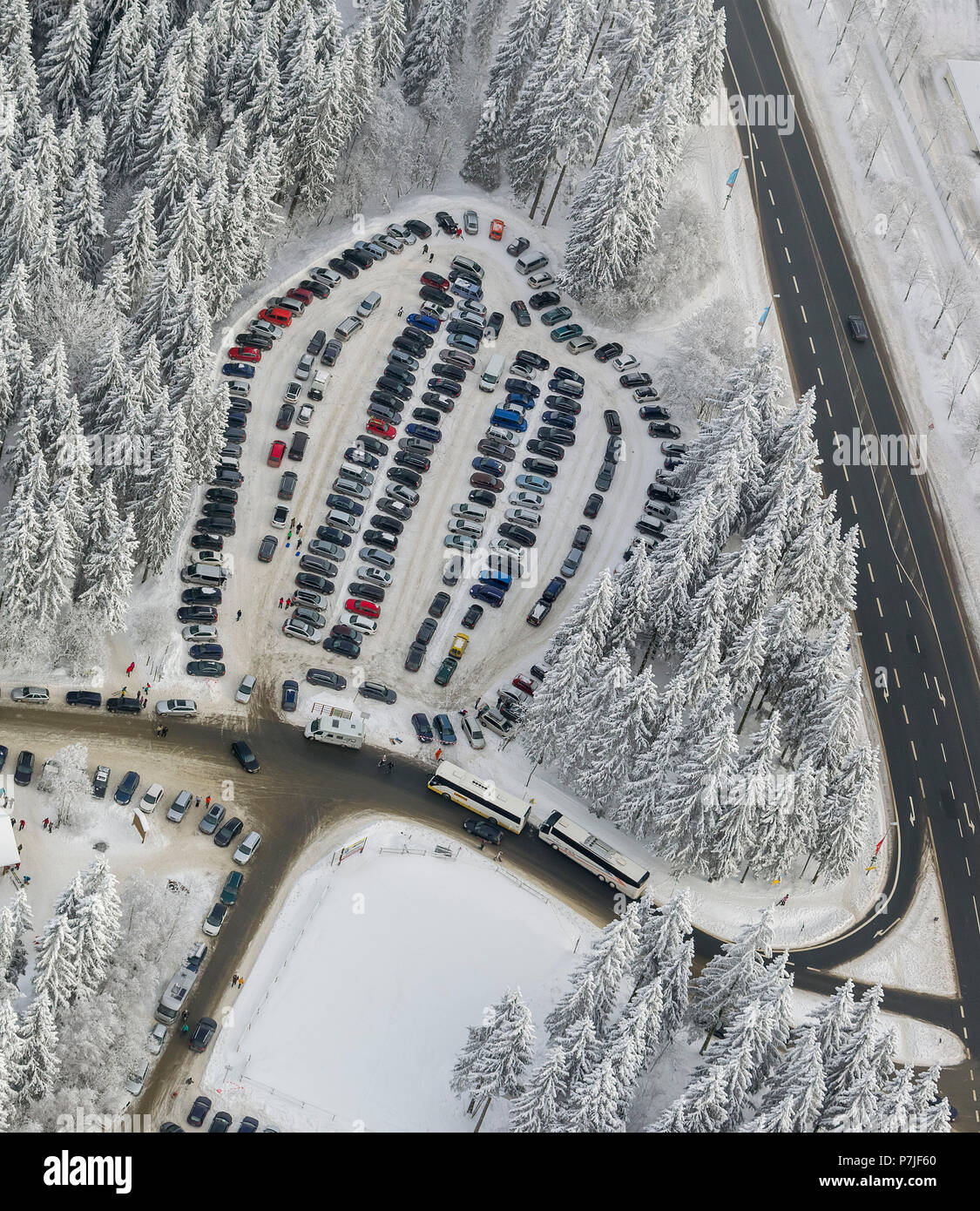 Aerial photo, car park, snow, winter in Winterberg, Winterberg ...