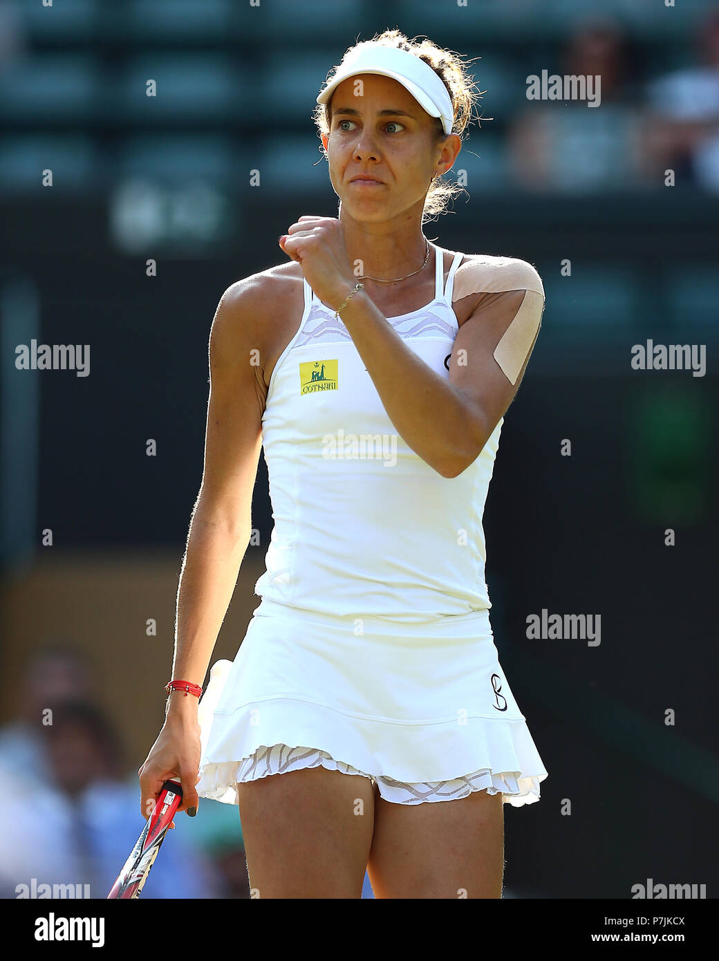 Mihaela Buzarnescu reacts on day five of the Wimbledon Championships at ...