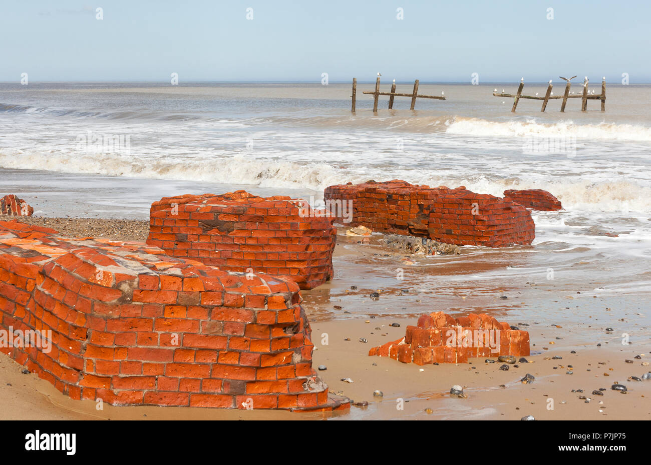 Brick remains of old lighthouse, Happisburgh, Norfolk, UK Stock Photo ...