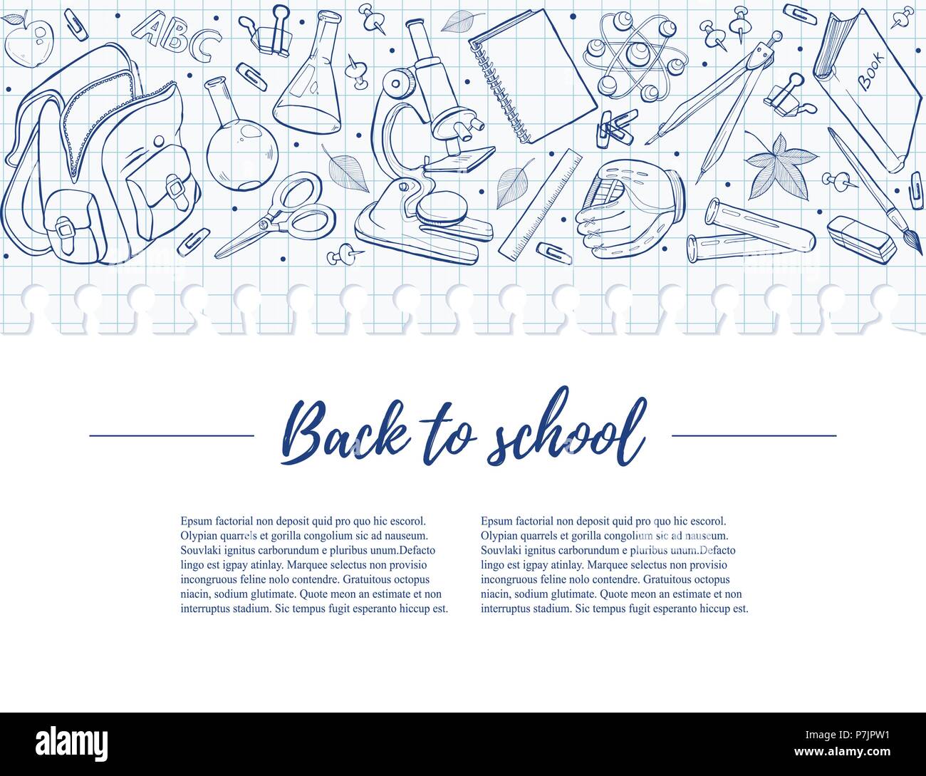 Hand drawn school objects in horisontal composition. Vector ...