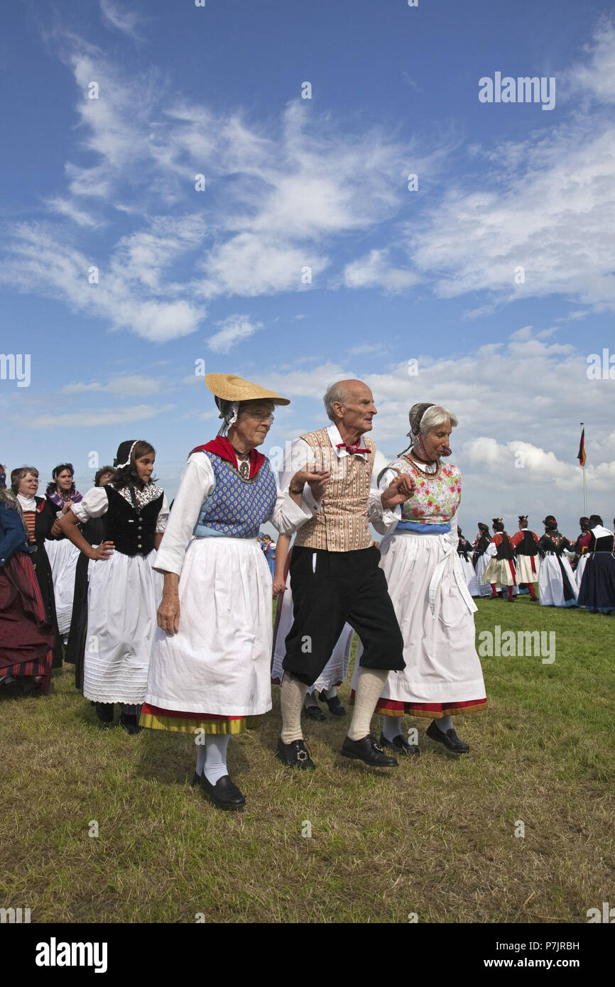 Big festival with traditional costumes on the Hanswarft, Hallig Hooge ...