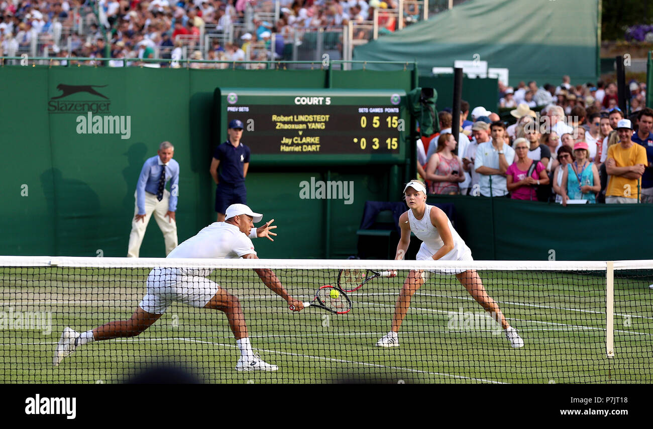 Harriet Dart and Jay Clarke in action on day five of the Wimbledon ...