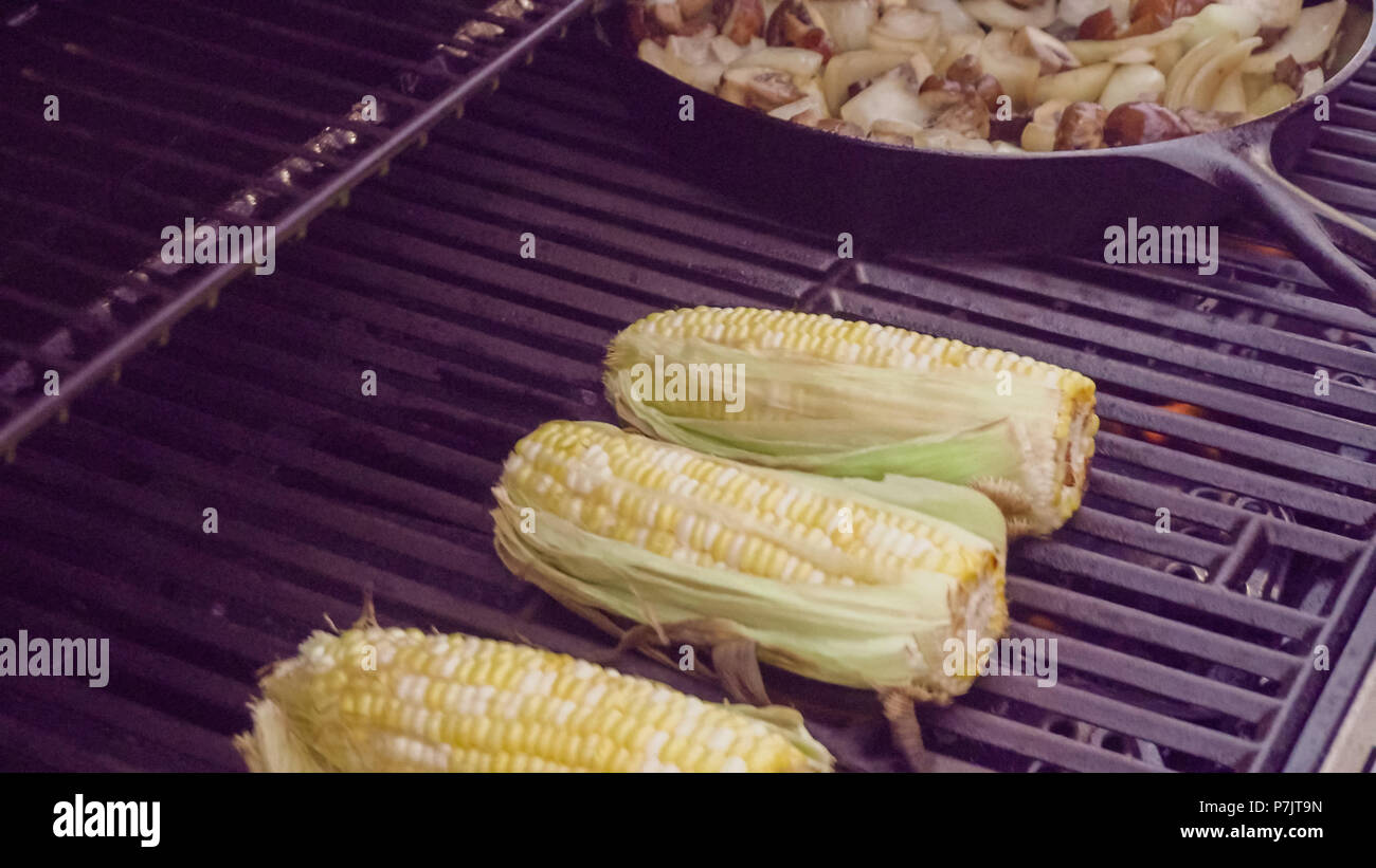 Step by step. Grilling fresh corn on outdoor gas grill Stock Photo - Alamy