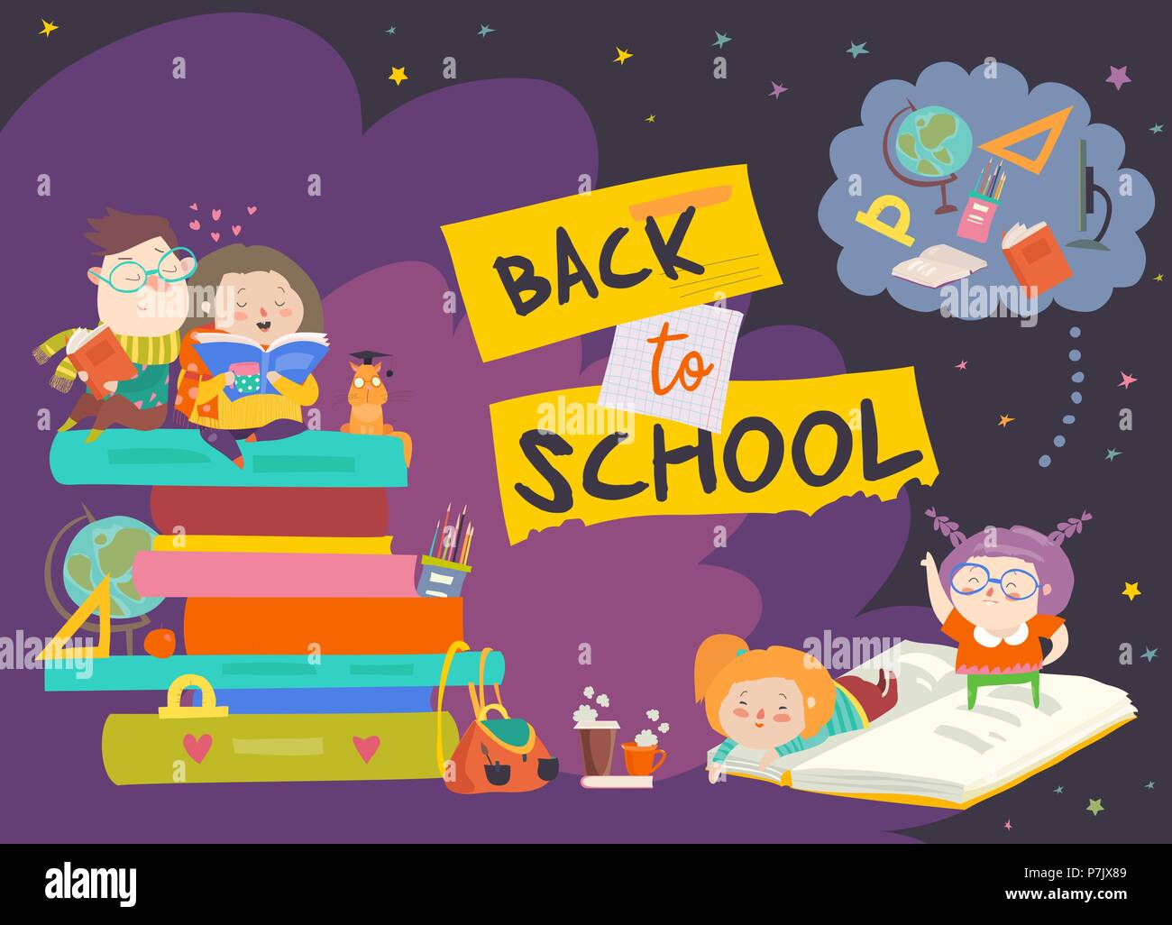 Boy and girl sitting on piles of books. Back to school Stock Vector ...