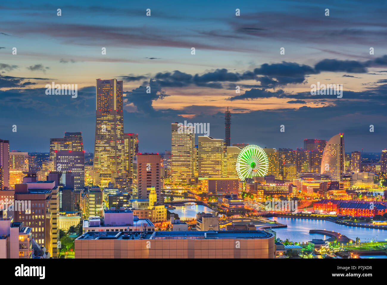Yokohama, Japan harbor and downtown skyline at dusk Stock Photo - Alamy