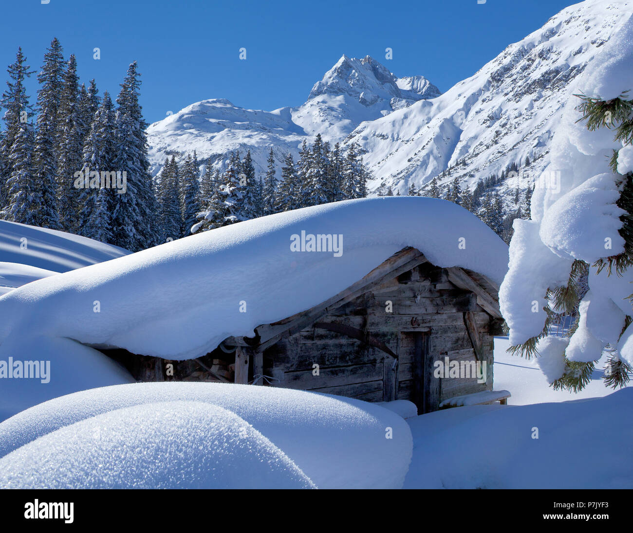 Austria, Vorarlberg, Lech am Arlberg, alpine hut against Rote Wand ...