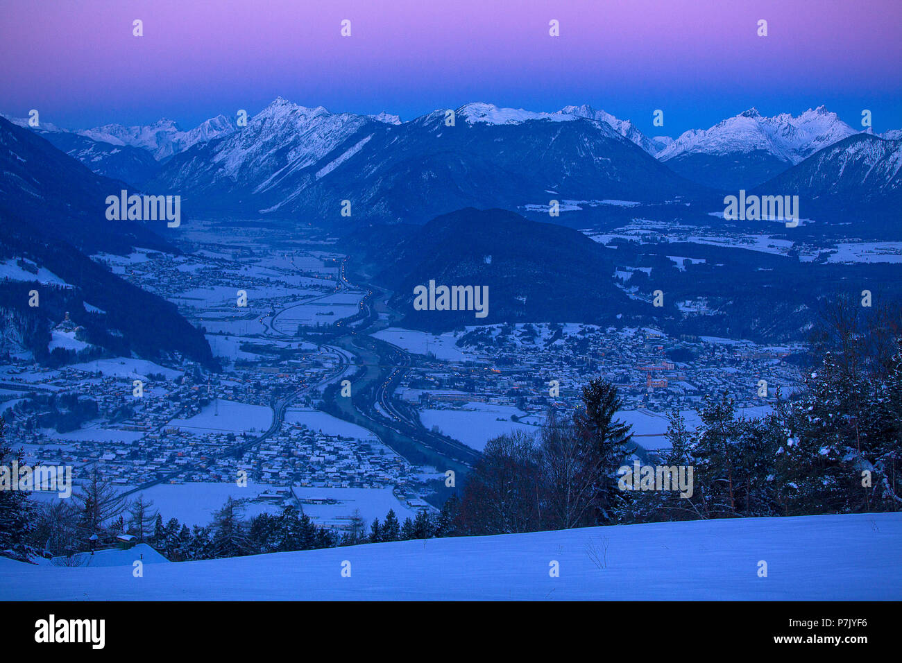 Austria, Tyrol, Mösern, Dürerblick with Telfs and Oberinntal Stock ...