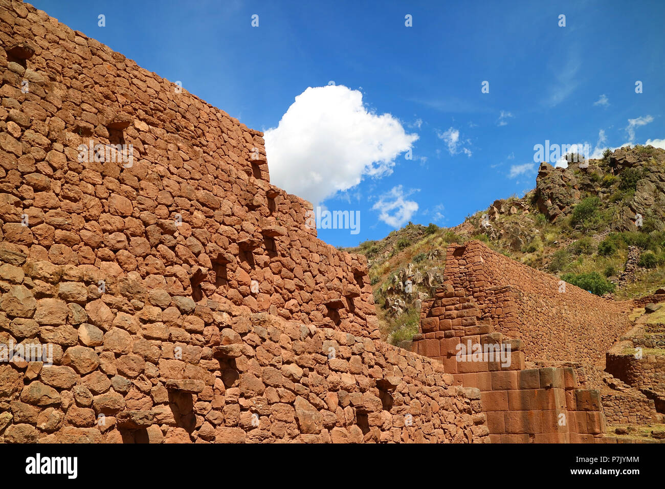 The stairs on the Pre-Inca large stone wall ruins of Pikillaqta, South ...