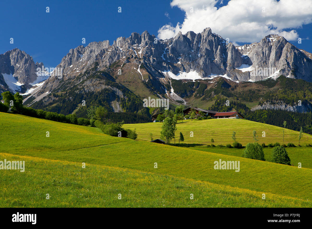 Austria, Tyrol, farm near Kitzbühel against Wilder Kaiser Stock Photo ...