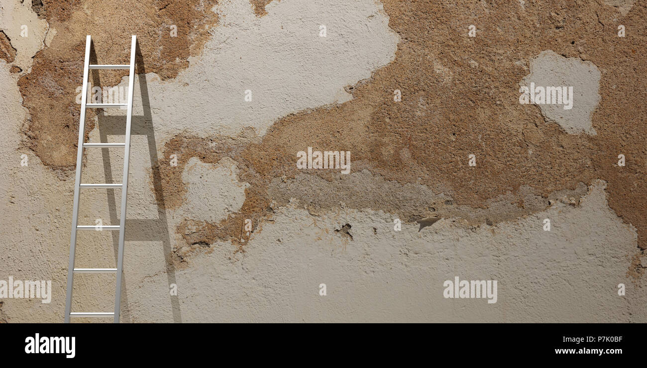 Construction works concept. Metal ladder leaning against an old faded ...