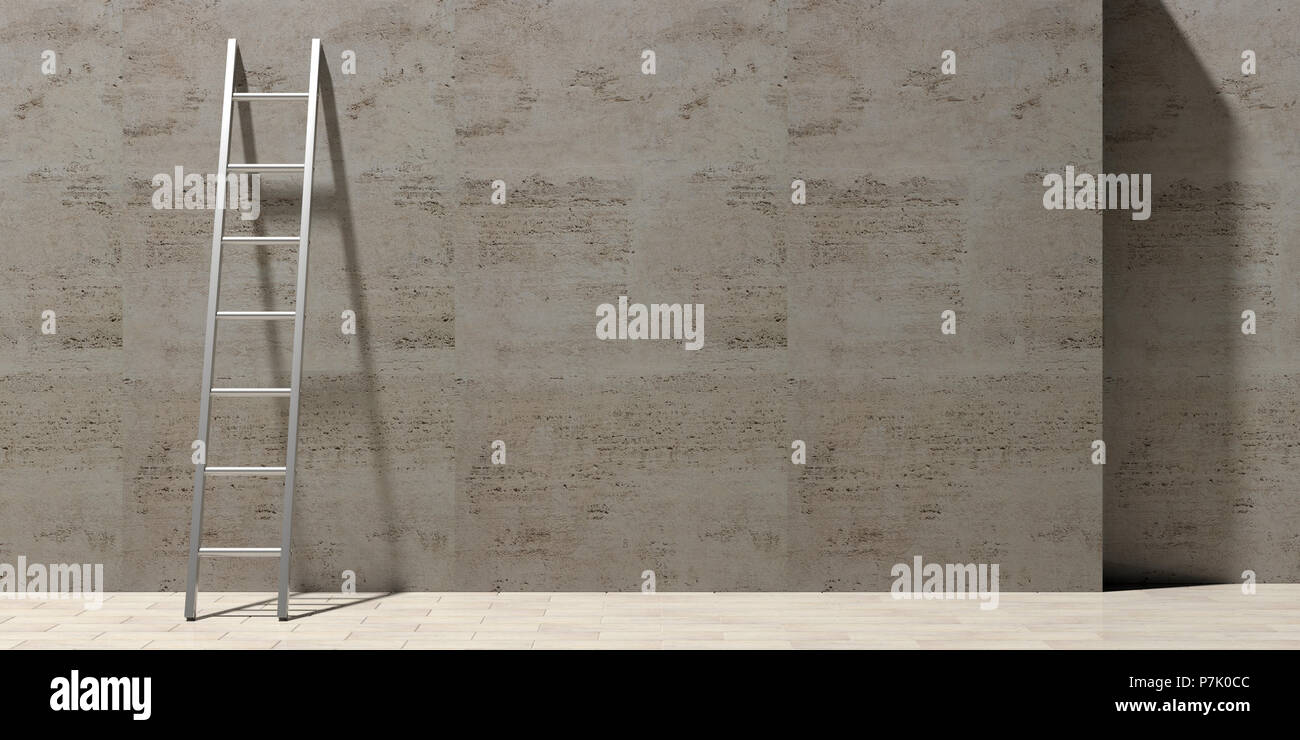 Metal ladder leaning against a marble stone wall, copy space. 3d ...