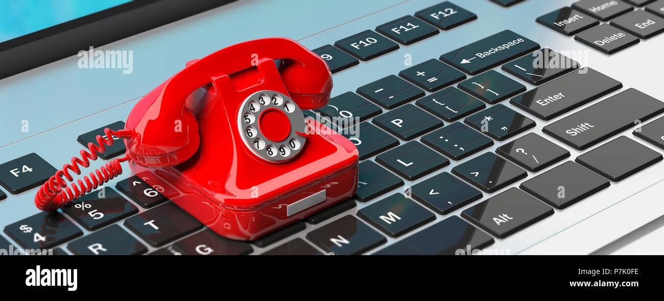 Red old retro telephone on computer laptop keyboard. 3d illustration ...