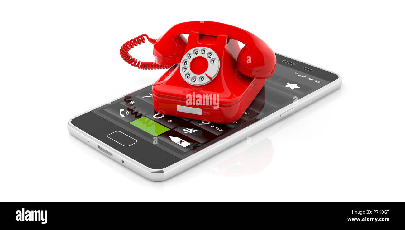 Red old retro telephone and modern smartphone isolated on white ...