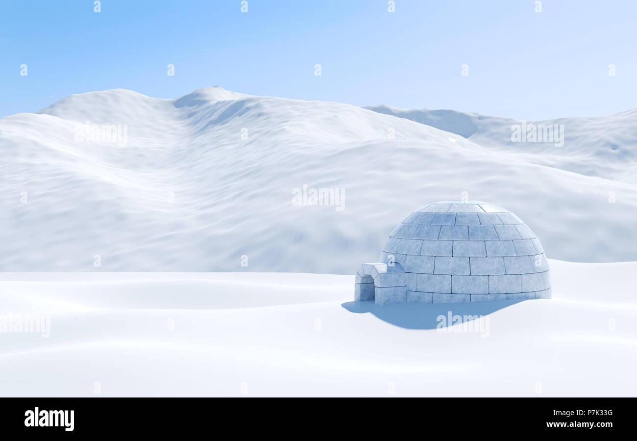 Igloo isolated in snowfield with snowy mountain, Arctic landscape scene ...