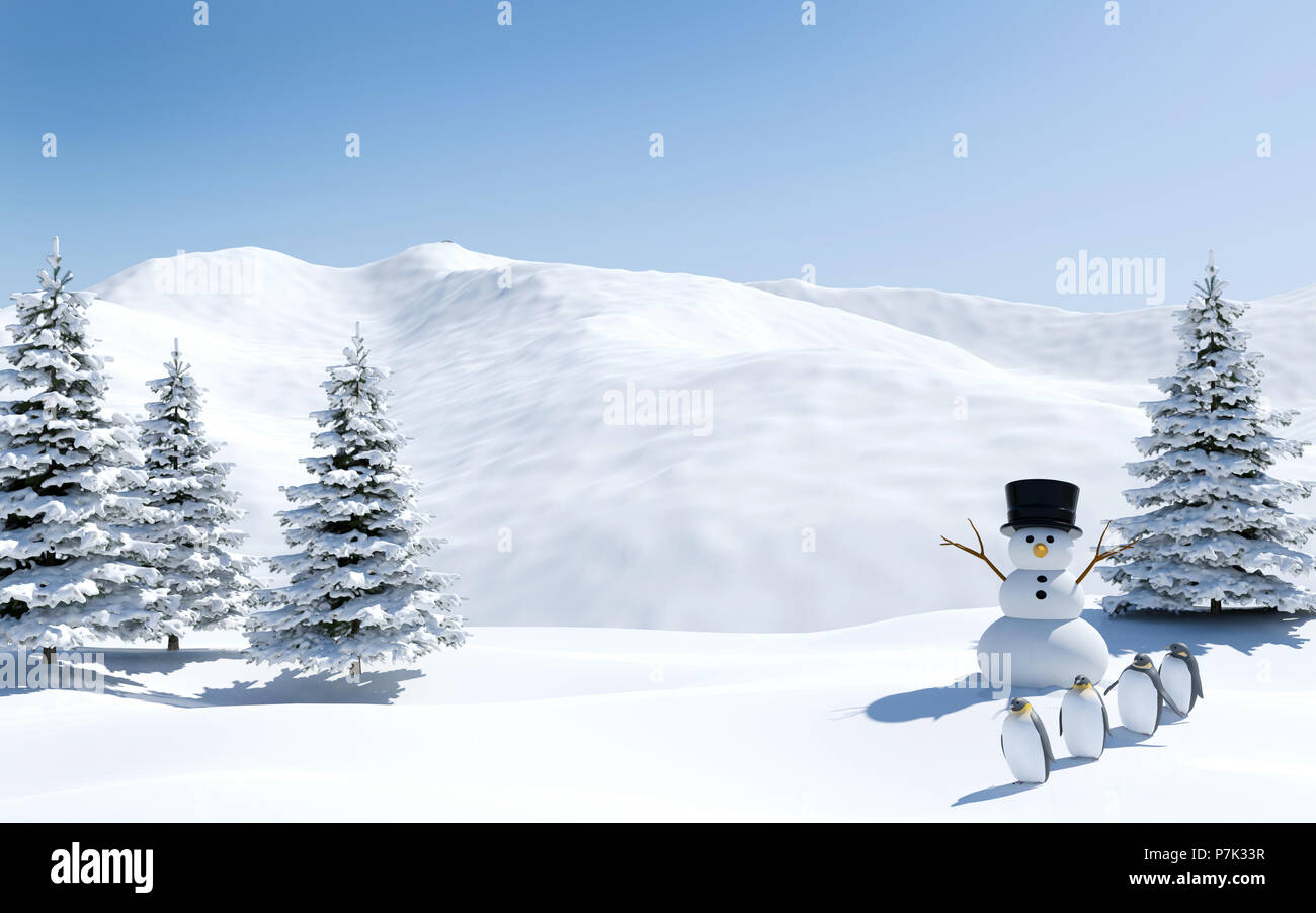 Arctic landscape, snow field with snowman and penguin birds in ...