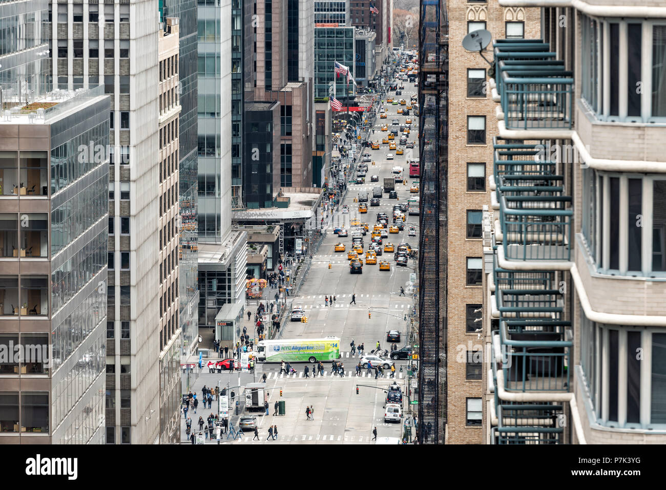 New York City, USA - April 7, 2018: Aerial view construction scaffold ...