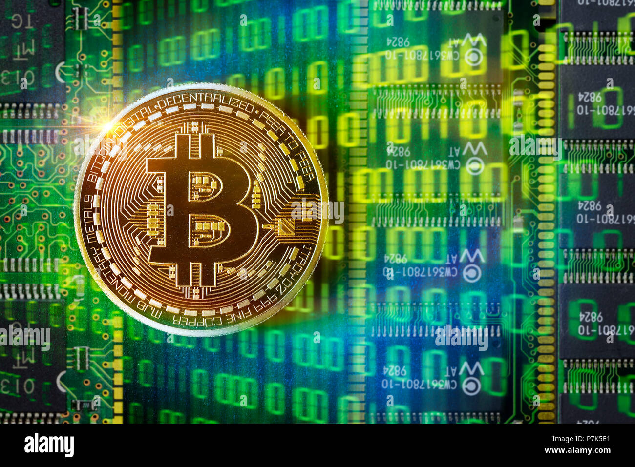 Bitcoin, coin, computer circuit board Stock Photo - Alamy