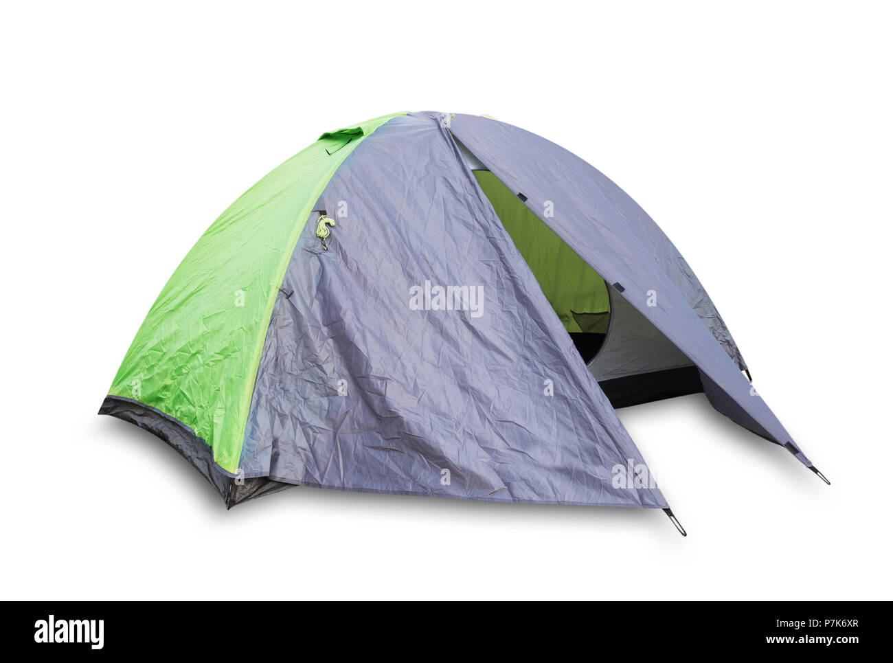 Green open tourist tent isolated on white background Stock Photo - Alamy