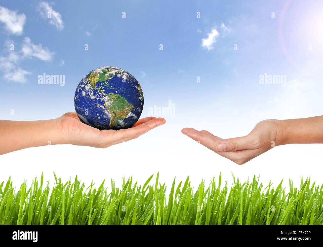 Earth planet the hand on nature and blue sky background - Corporate ...