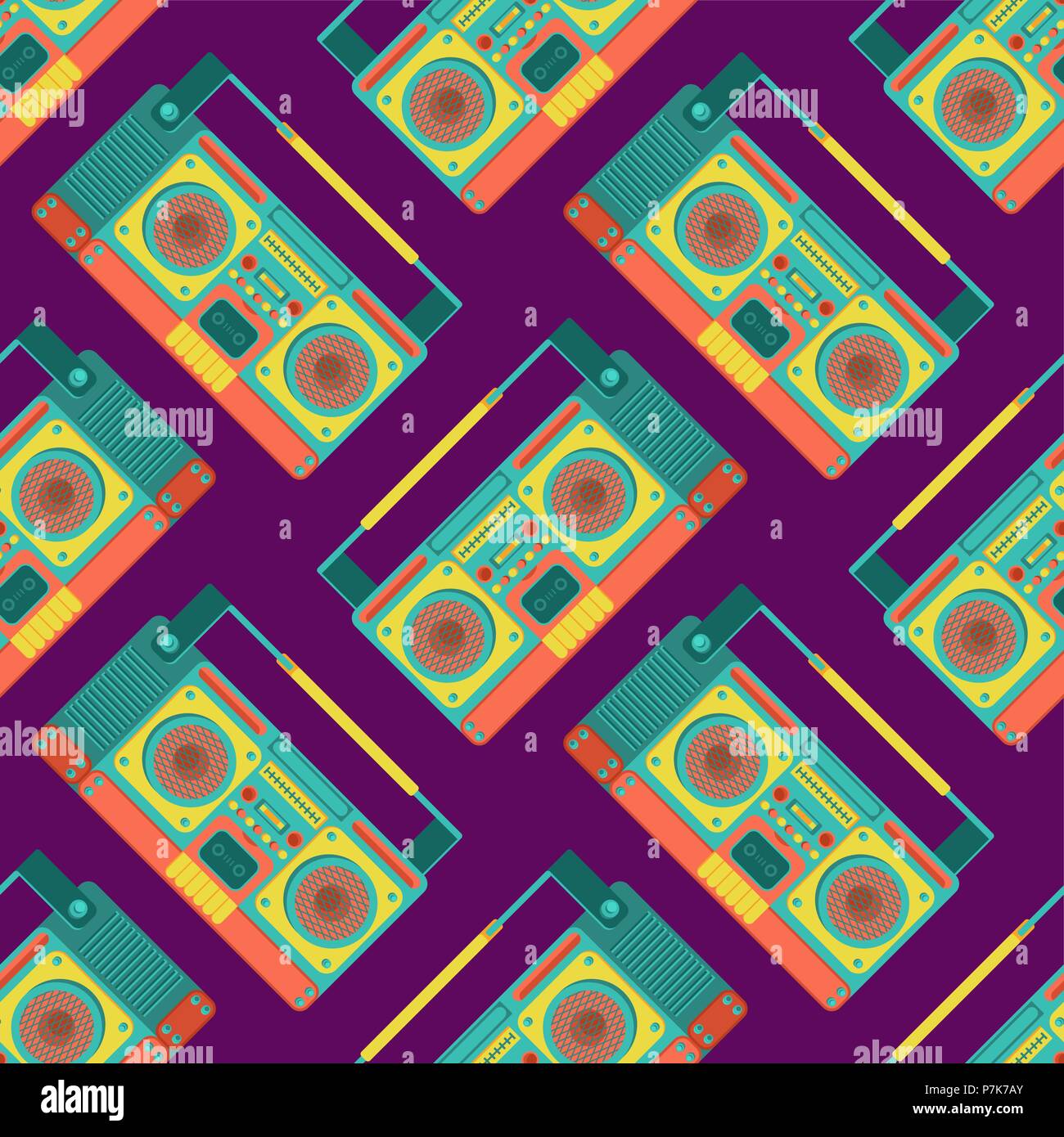 Boombox retro pattern seamless. tape recorder Vector background. Disco ...